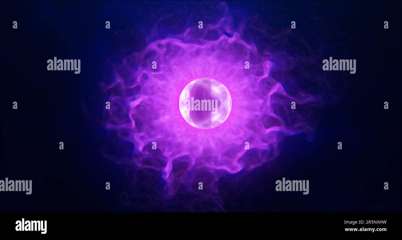 Purple energy sphere with glowing bright particles, atom with electrons ...