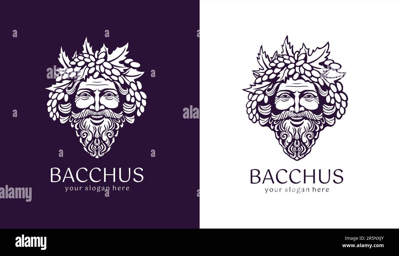 Logo Bacchus or Dionysus. Man face logo with grape berries and leaves ...