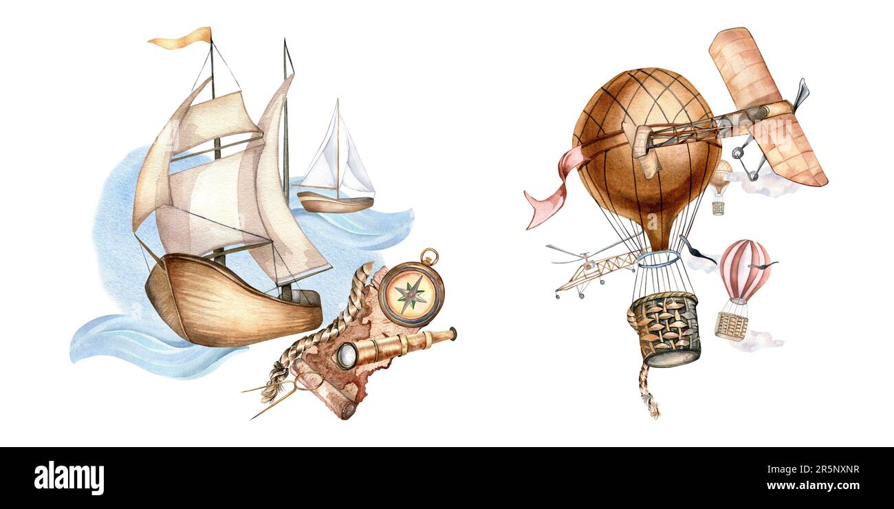 Composition of sailing ship, hot air balloon watercolor illustration ...