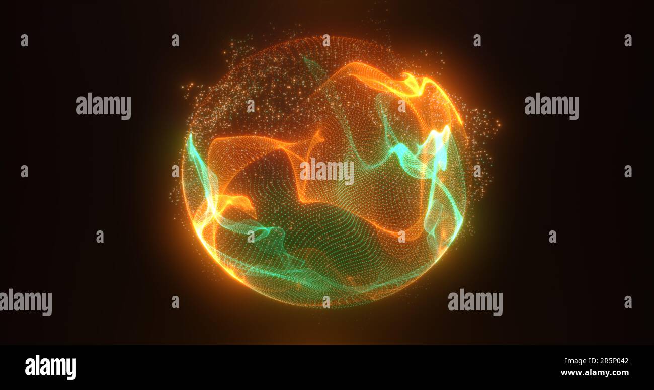 Abstract green orange energy sphere of particles and waves of magical ...