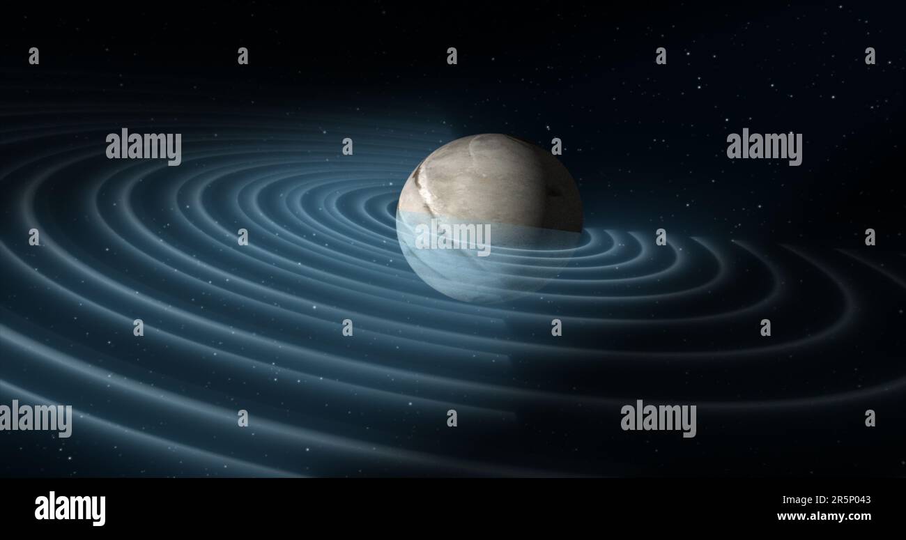 Abstract blue space planet with a round asteroid belt ring futuristic ...