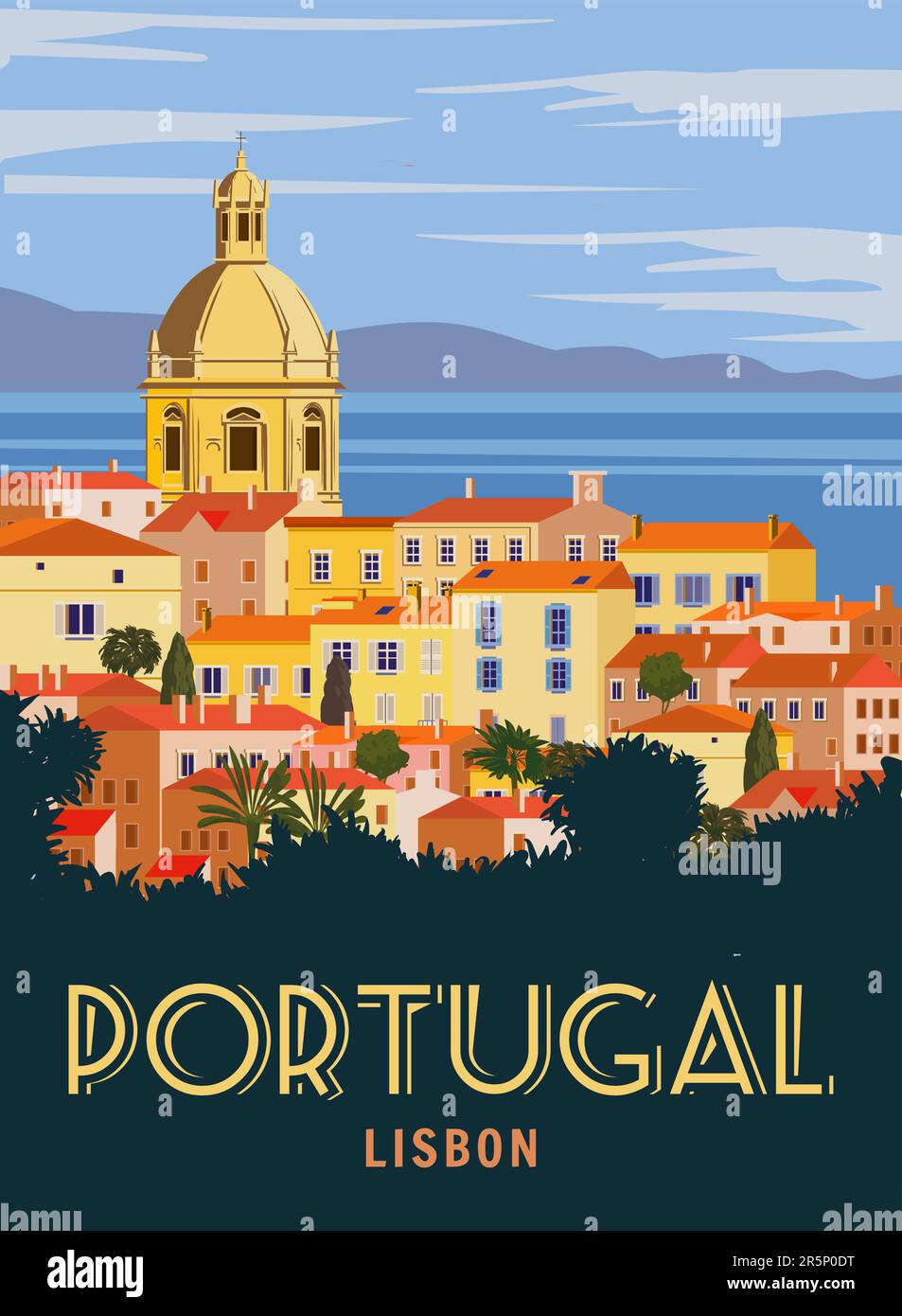Travel Poster Poster Lisbon, Vintage. Portugal cityscape landmark, sea ...