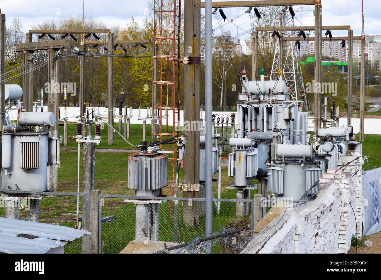Large industrial iron metal transformer substation with transformers ...