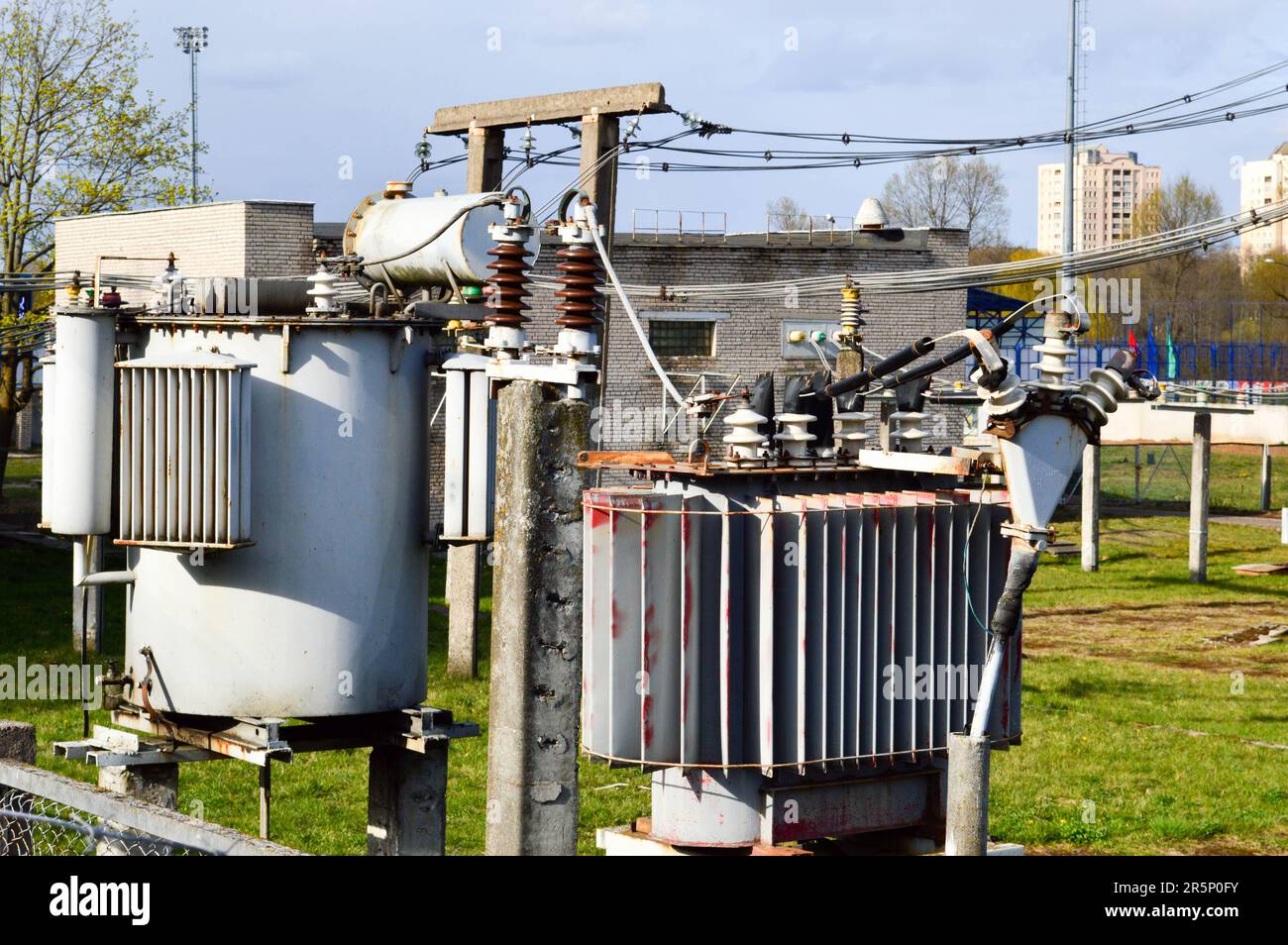 Large industrial iron metal transformer substation with transformers ...