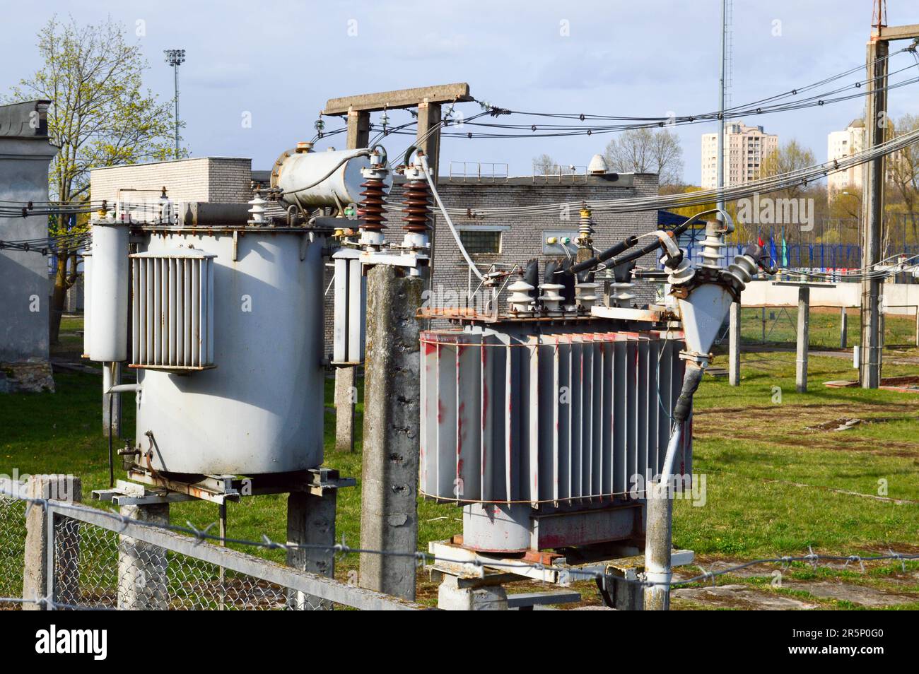 Large industrial iron metal transformer substation with transformers ...