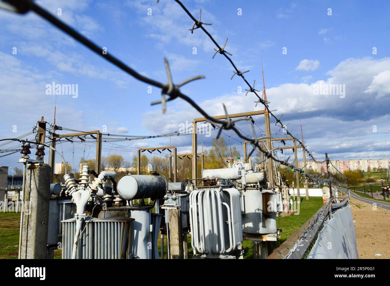 Large industrial iron metal transformer substation with transformers ...