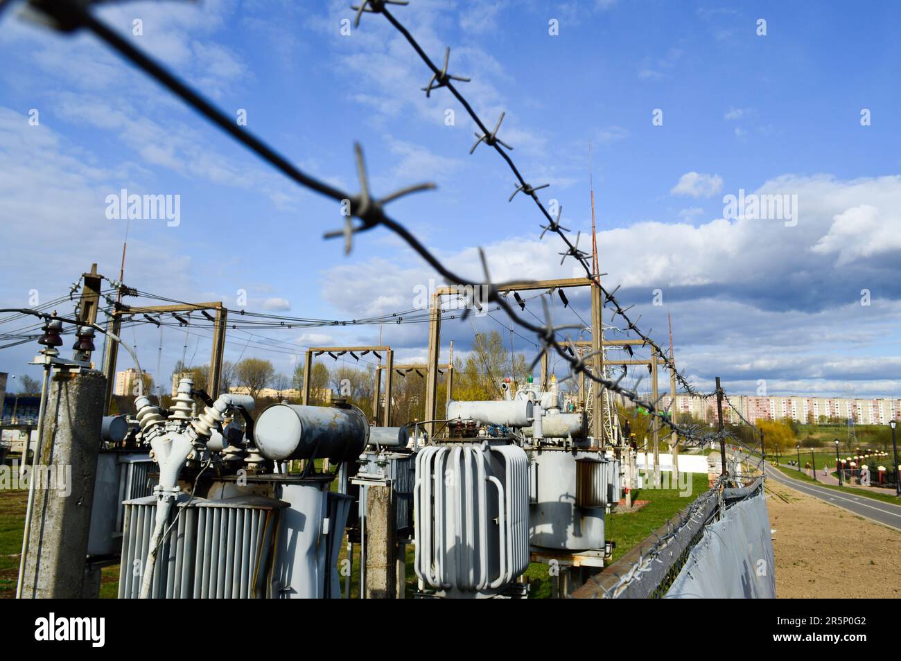 Large industrial iron metal transformer substation with transformers ...