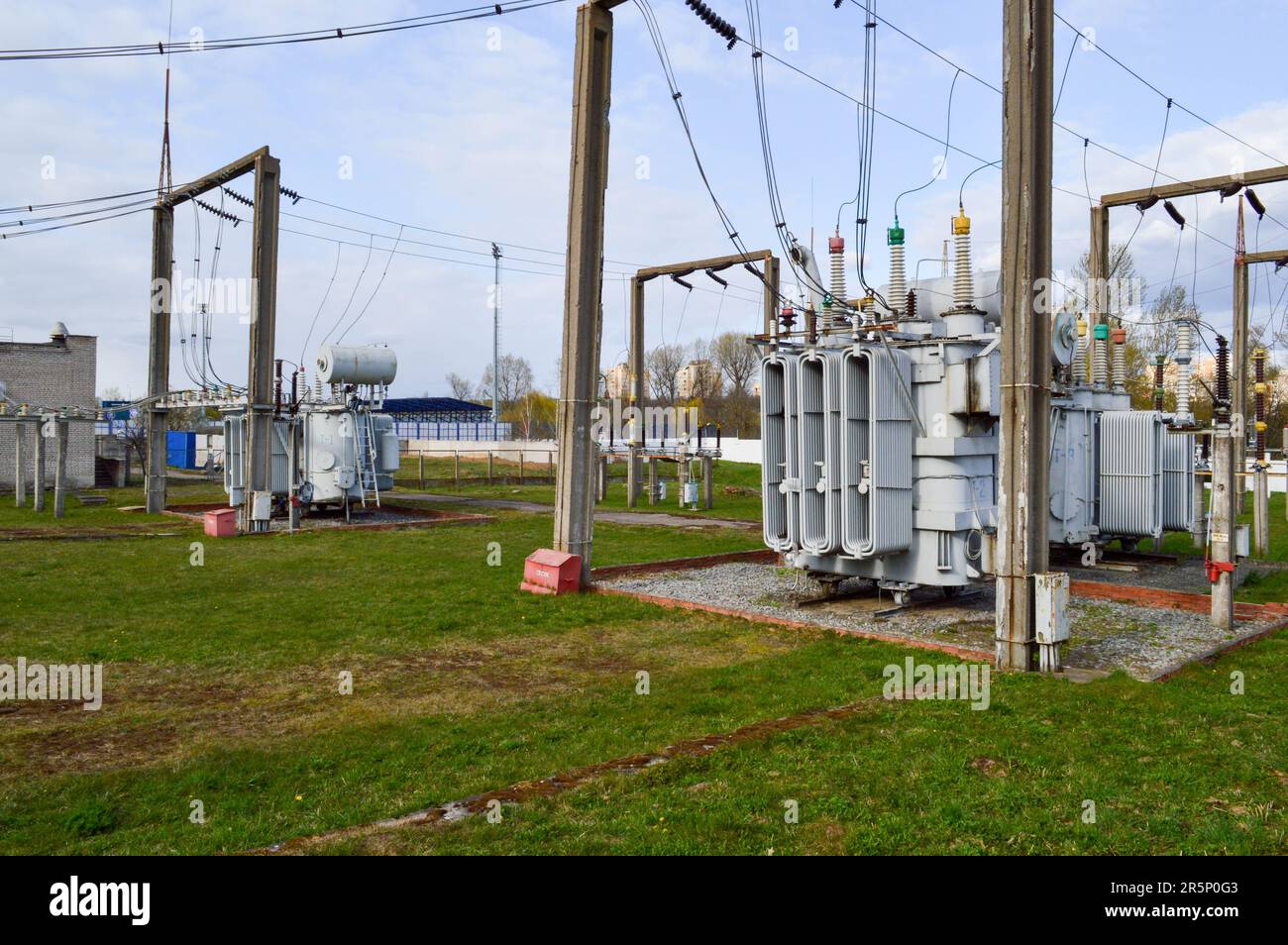 Large industrial iron metal transformer substation with transformers ...