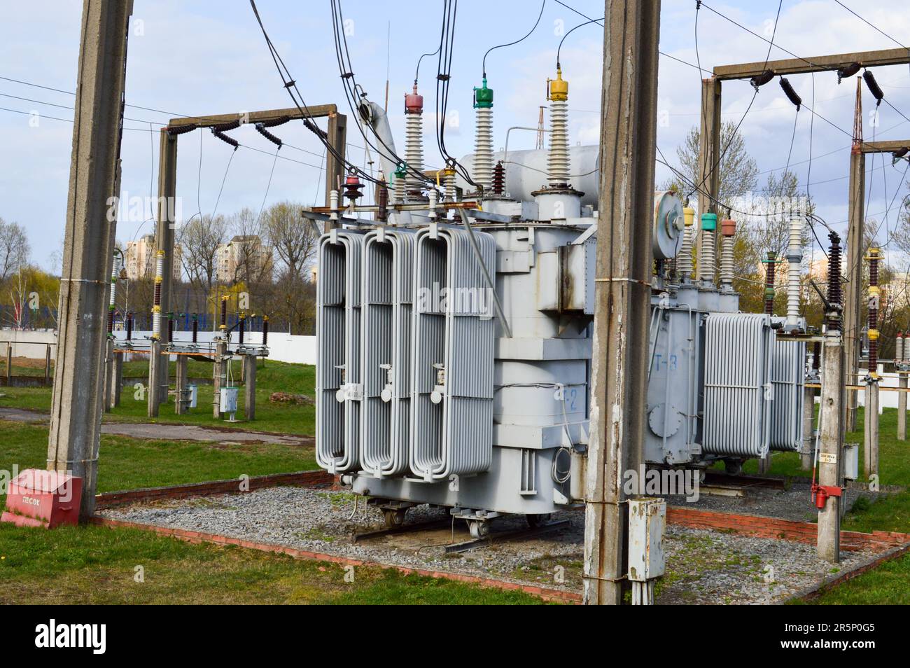 Large industrial iron metal transformer substation with transformers ...