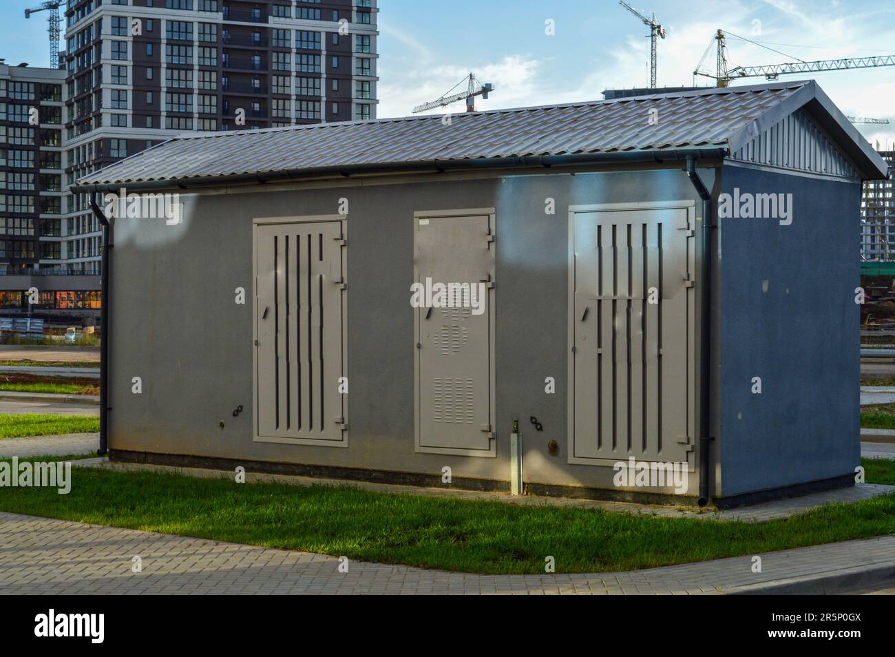 electrical house with power lines. light box booth. place of work of an ...