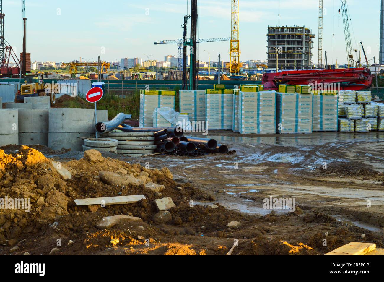 construction site in the city center. tumbled down the stop sign ...