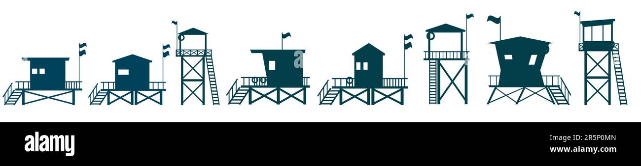 Collection of Lifeguard Tower icons. Station beach building Stock ...