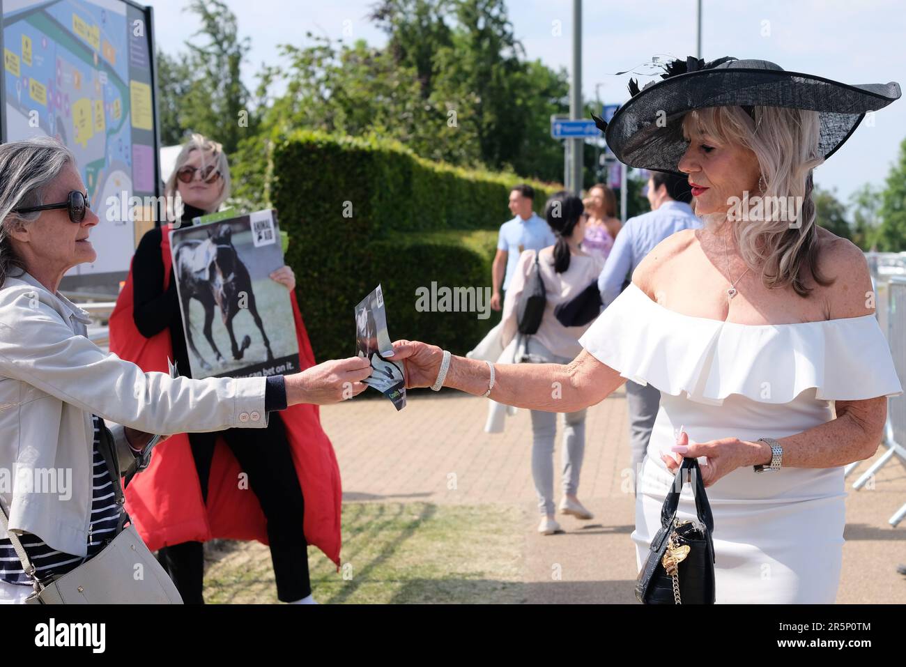 Epsom, UK. A Derby day racegoer is handed a leaflet by an animal right ...