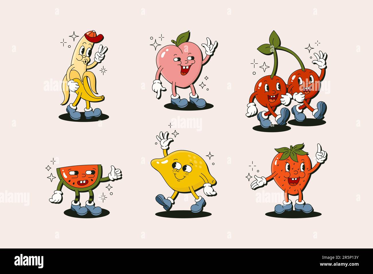 Retro Cartoon Character Fruit Set. Vector Funny Comic Illustration with ...