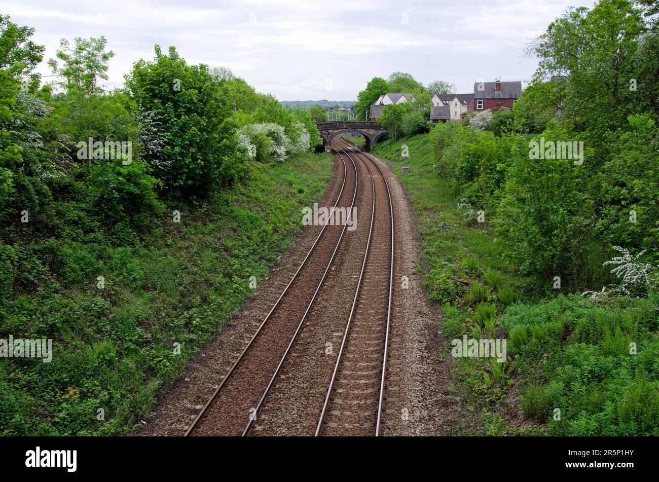 Rural train track curving into distance, surrounded by forest Stock ...