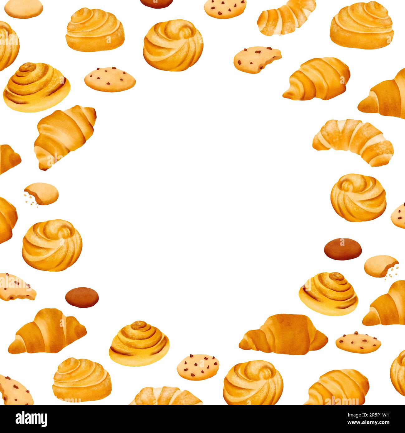 Watercolor bakery background. Bake shop round frame made of bakery ...