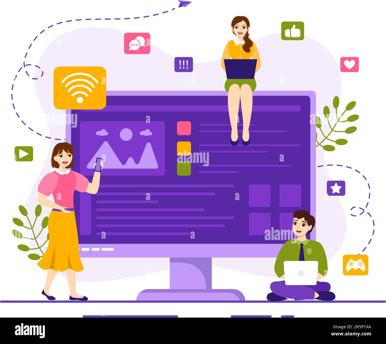 Internet Addiction Vector Illustration with Young People Addicted to ...