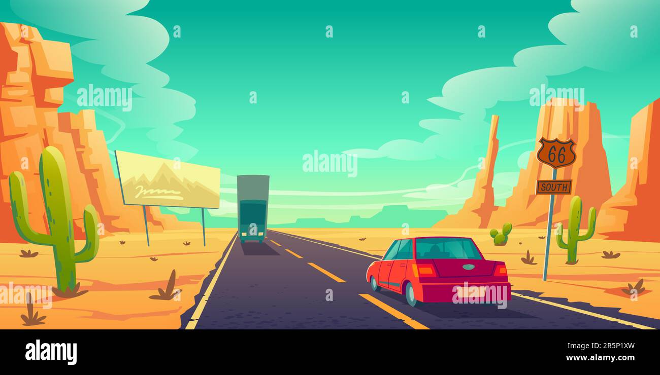 Road in desert with cars riding long asphalt highway with 66 route sign ...