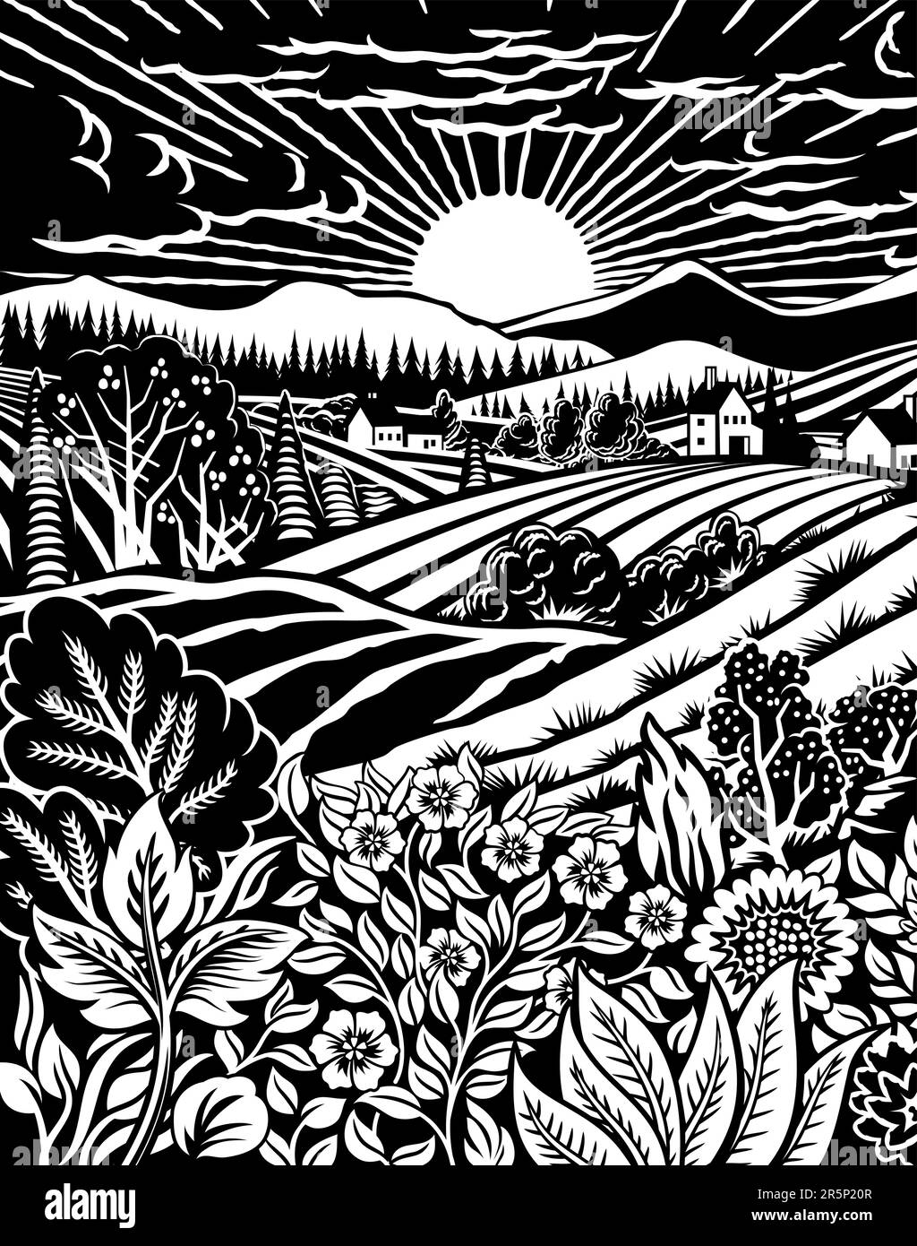 Farm fields morning Black and White Stock Photos & Images - Alamy