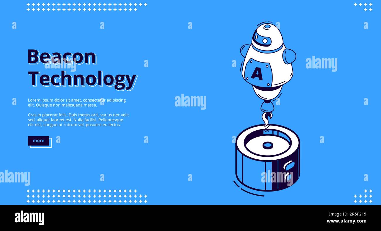 Beacon technology isometric landing page. Robot with rocket engine, Internet of things ...