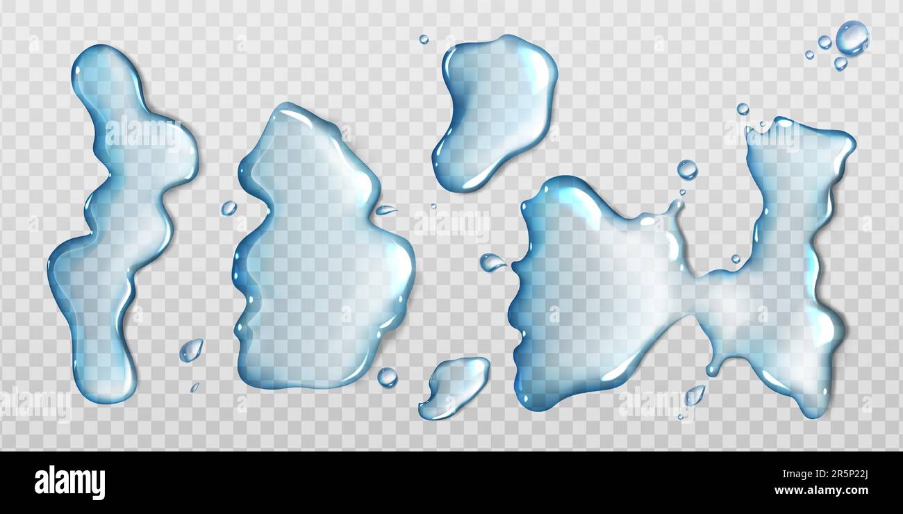 Water spill puddles top view set, aqua liquid splashes with scattered ...