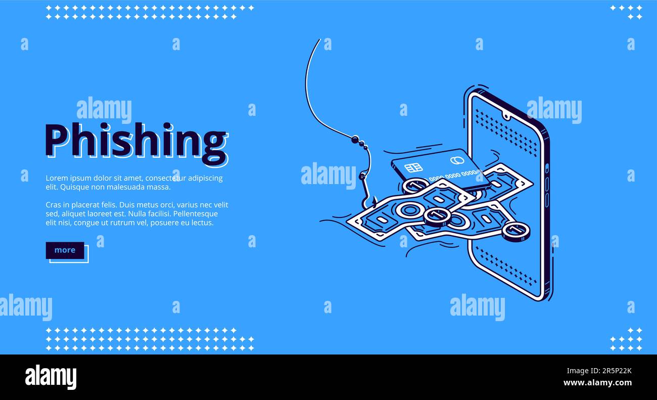 Phishing isometric landing page. Fishing hook catch and throw money ...