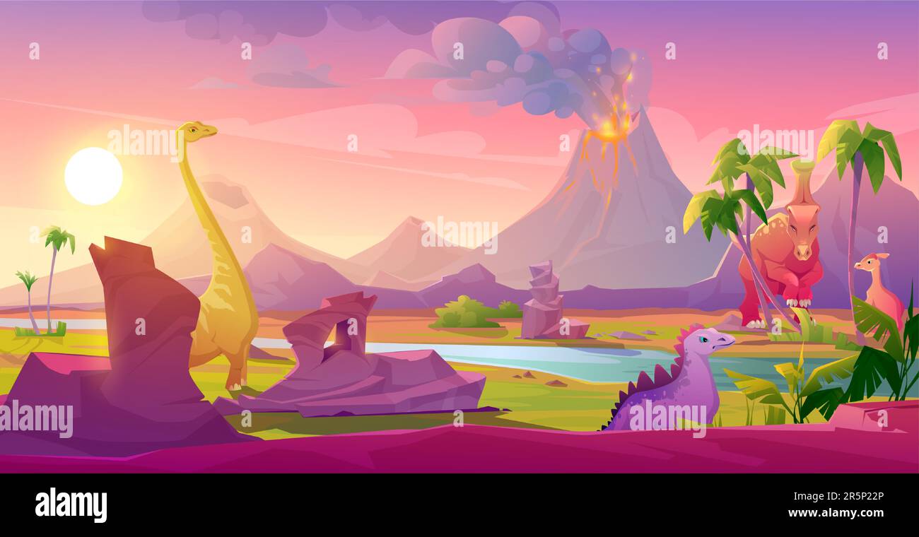 Dinosaurs at erupting volcano landscape. Prehistoric volcanic eruption ...