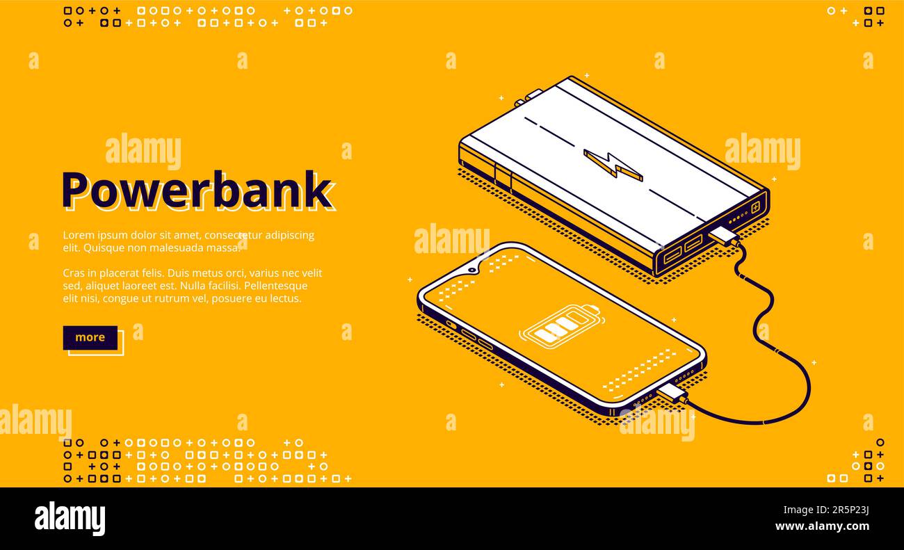 Powerbank isometric landing page. Smartphone with charging level on ...