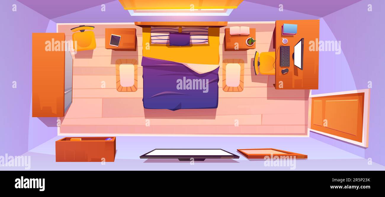 Bedroom interior top view. Vector cartoon furniture for sleeping room ...