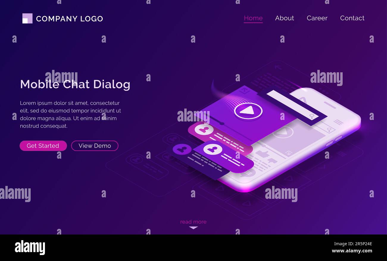 Mobile chat dialog isometric landing page, sms and audio messages ui ...