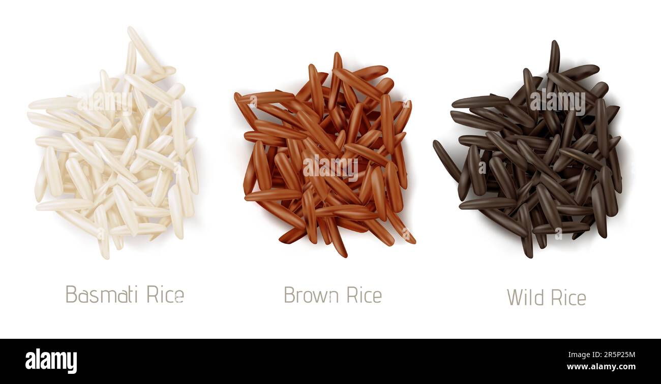 Rice basmati, brown and wild grain piles top view isolated on white ...