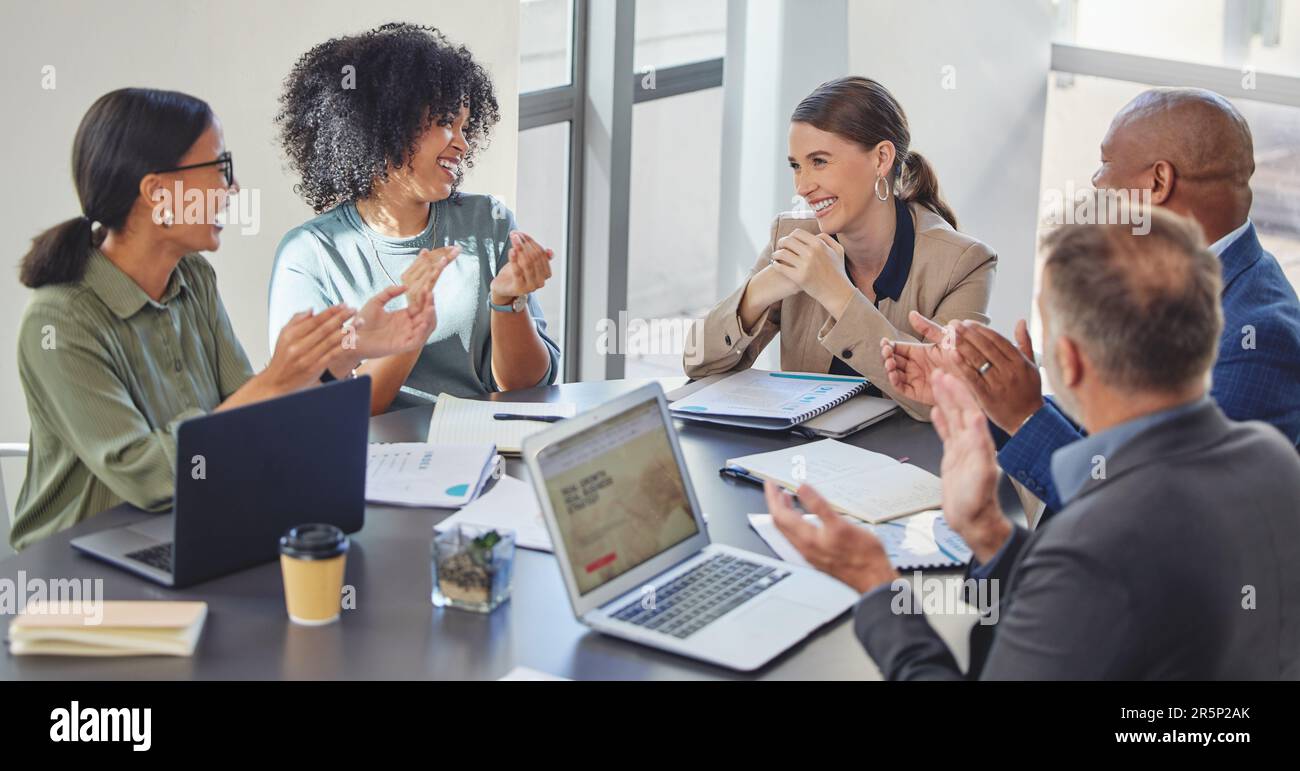 Planning, applause and success with business people in meeting for ...