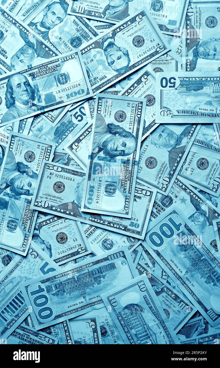 Surreal pop art style heap of blue colored dollar bills for the concept ...