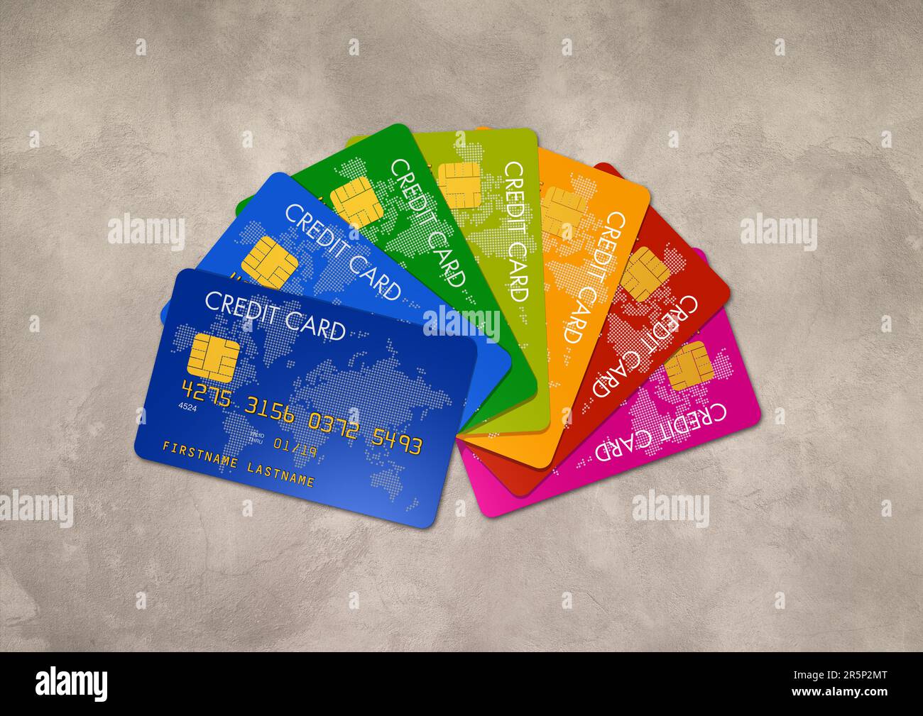 Colorful credit cards on a white concrete background. 3D illustration ...