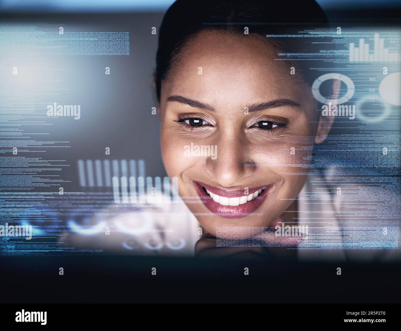 Night, code and hologram with woman and computer for research, software ...