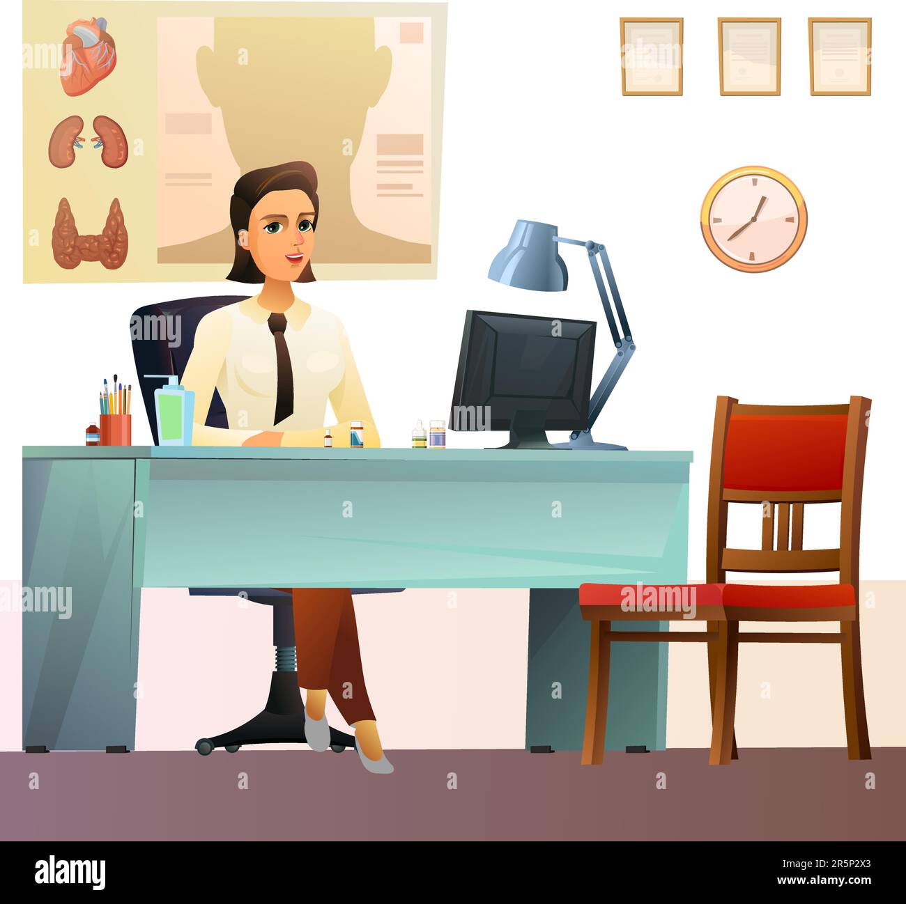 Girl doctor. Office with posters about health and certificates on wall ...