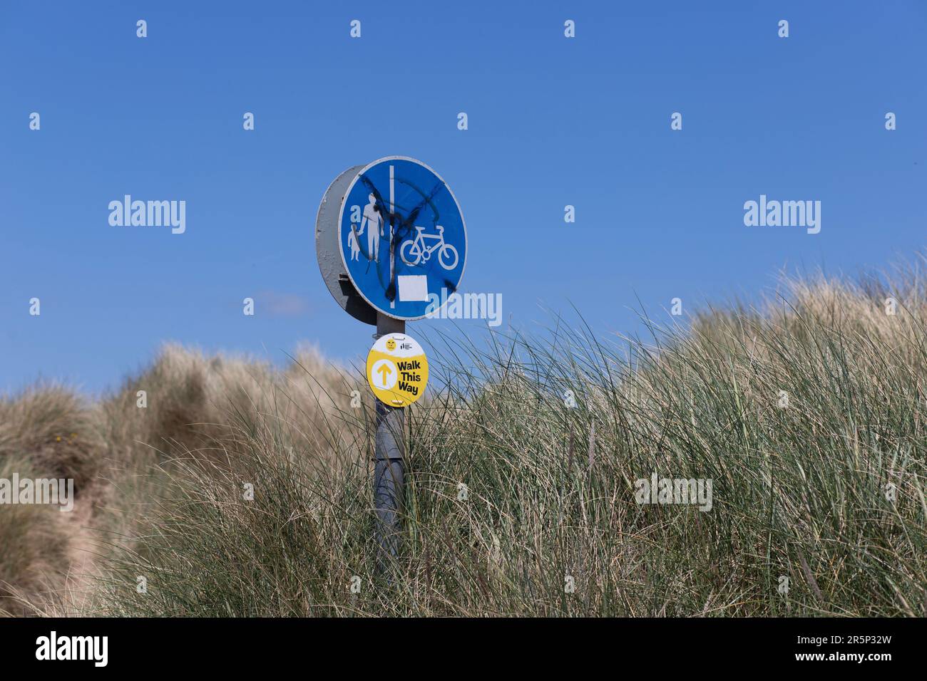 A blue pedestrian / cycle path circular sign, with 'Walk This Way ...