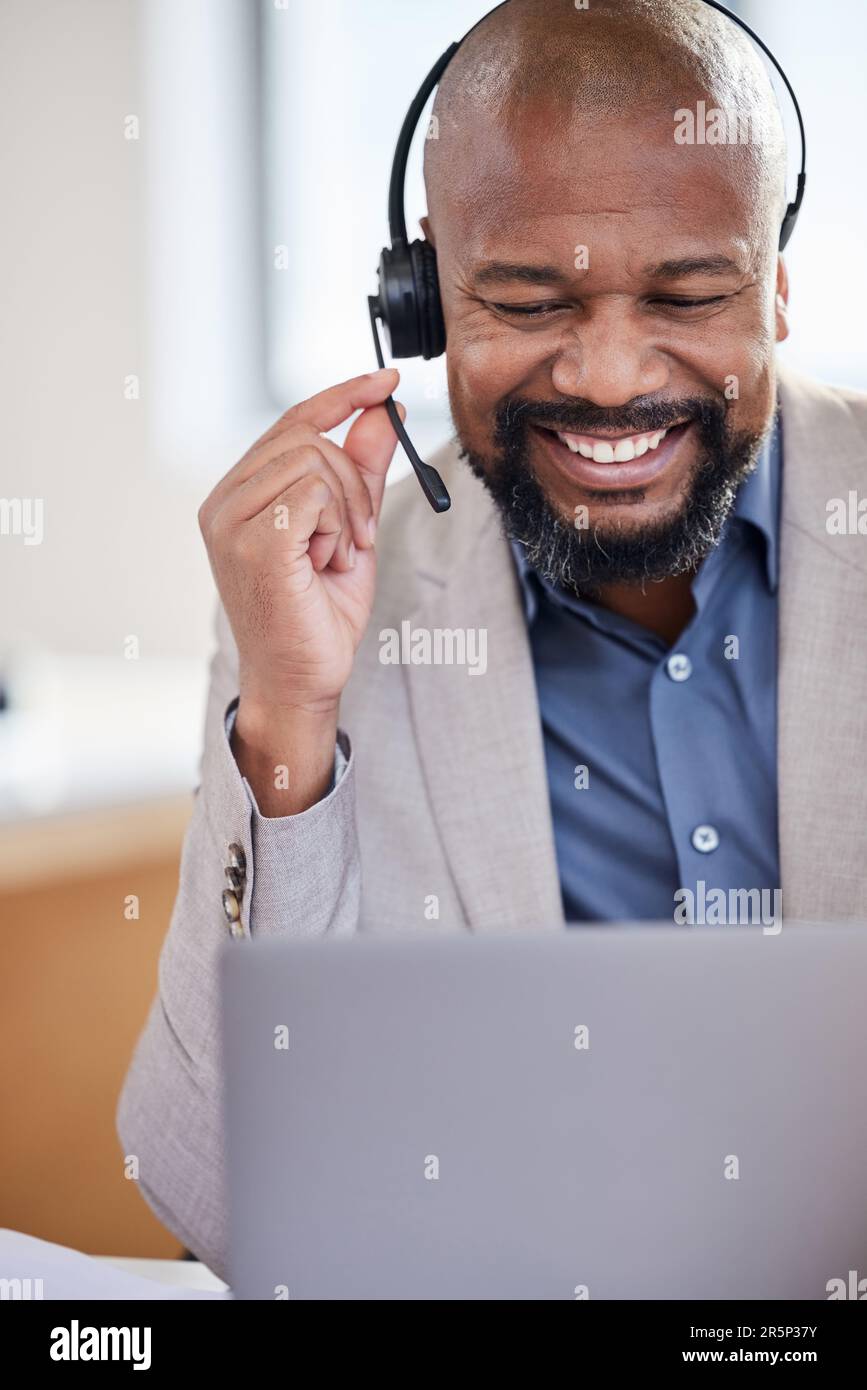 Smile, call center and black man with a headset and laptop for customer ...