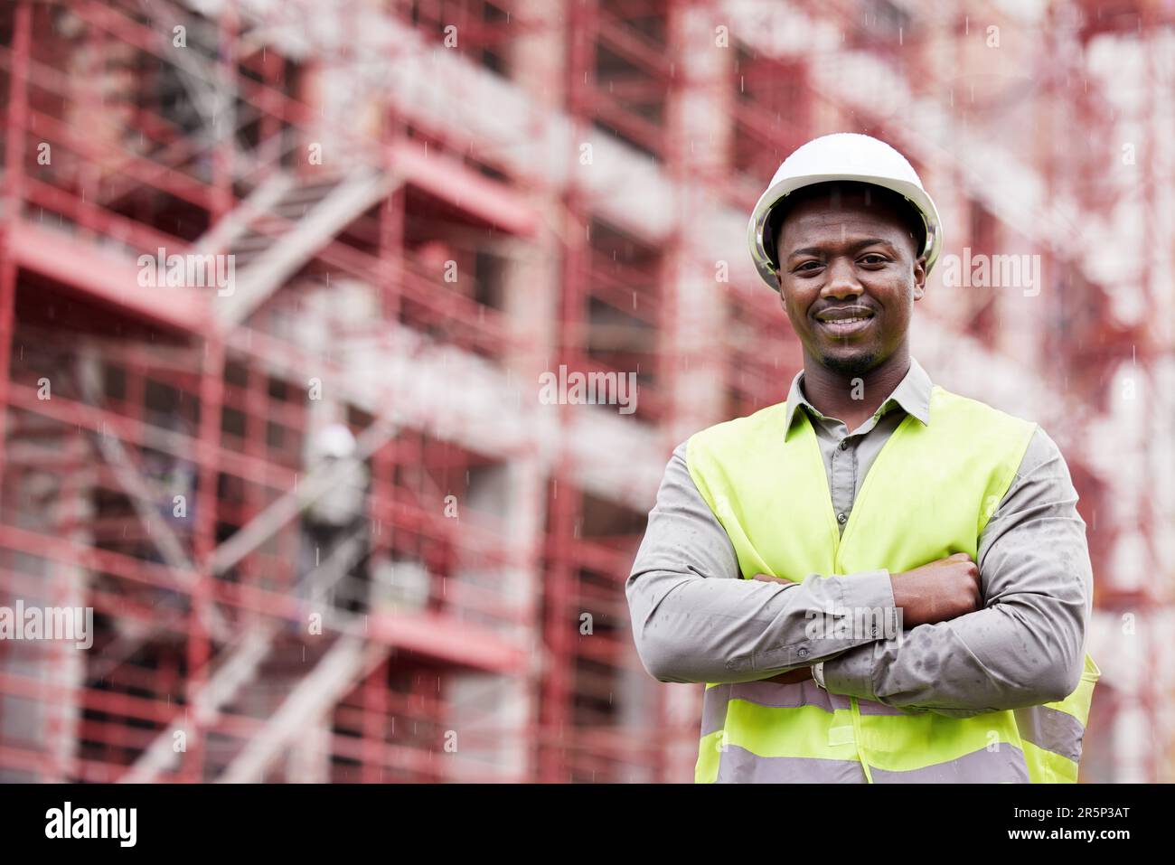 Portrait of proud black man engineer, construction site and mockup with ...