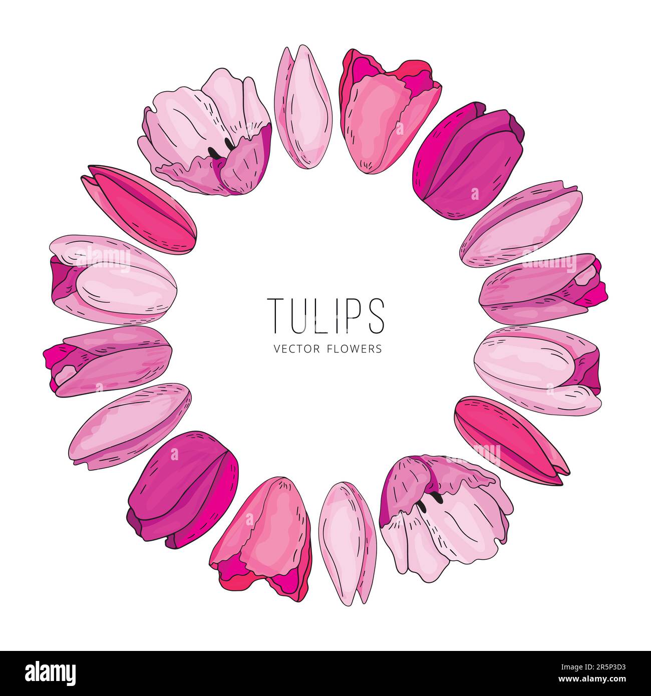 Hand drawn vector floral frame with pink flowers tulips. Elegant logo ...