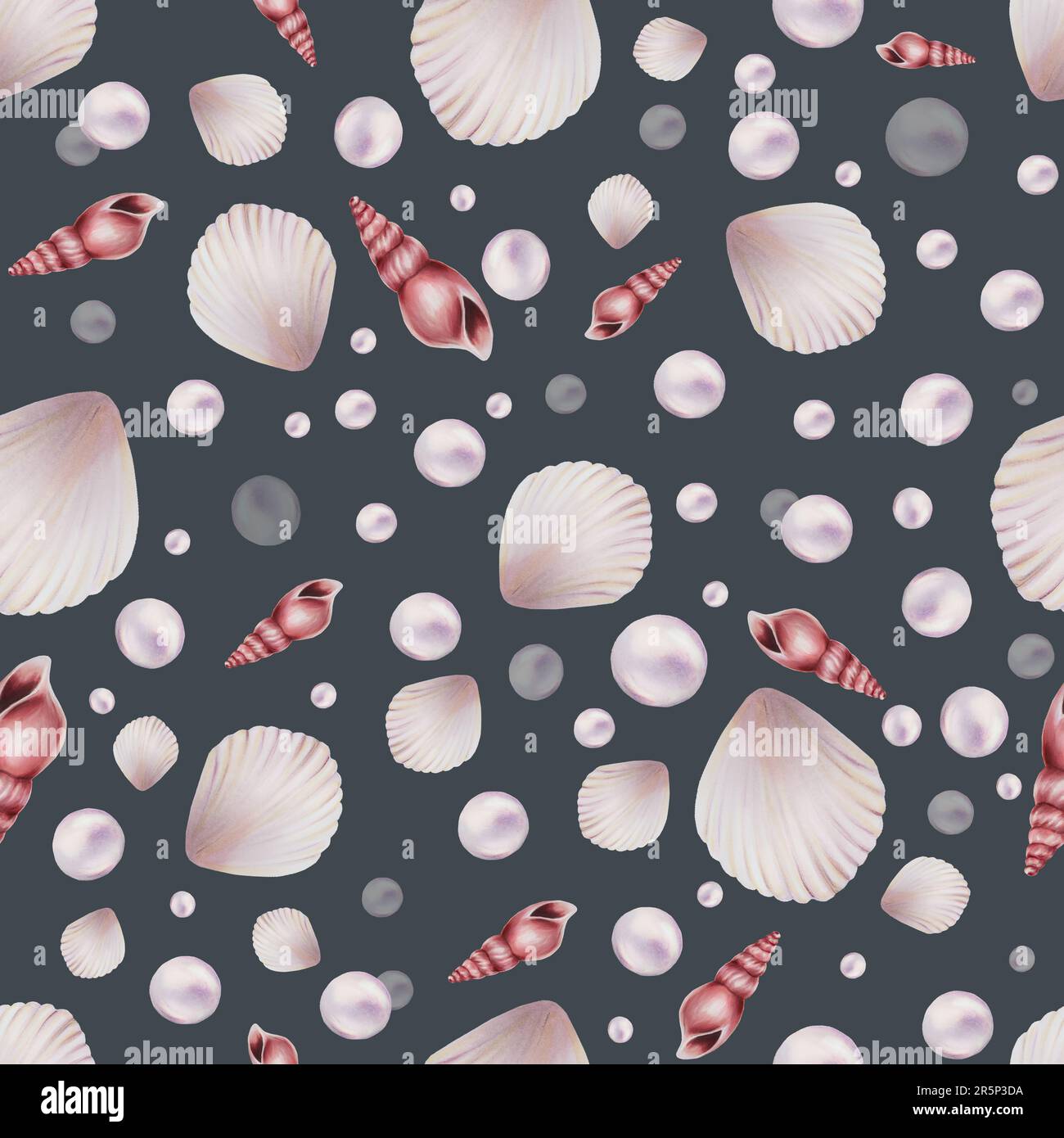 Watercolor seamless pattern with shells and pearls. Hand painting ...