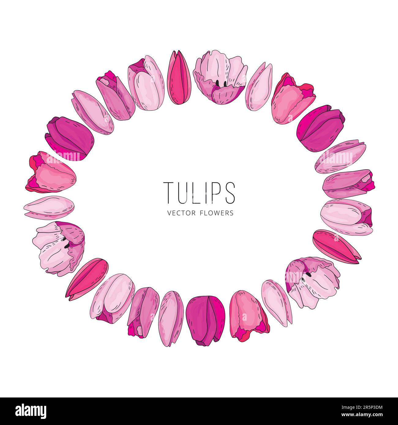Hand drawn vector floral frame with pink flowers tulips. Elegant logo ...