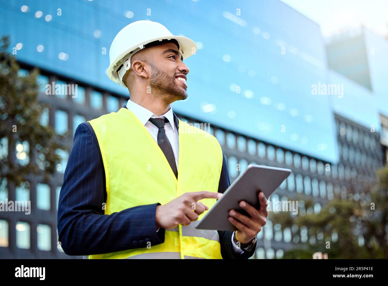 Thinking, tablet and a man construction worker in the city for planning ...