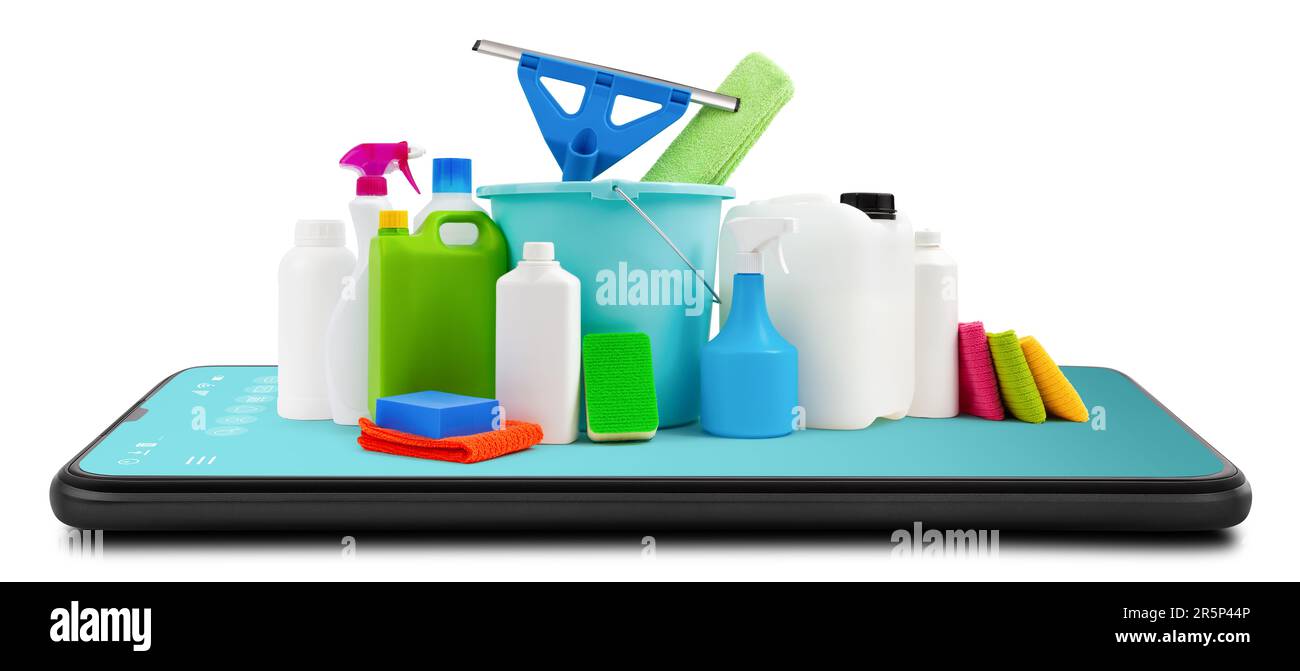Housekeeping products from smartphone isolated on white background ...