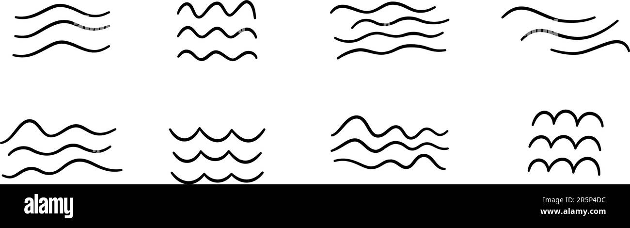 Doodle sea wave icons. Hand drawn simple wavy lines. Sea storm scribble ...