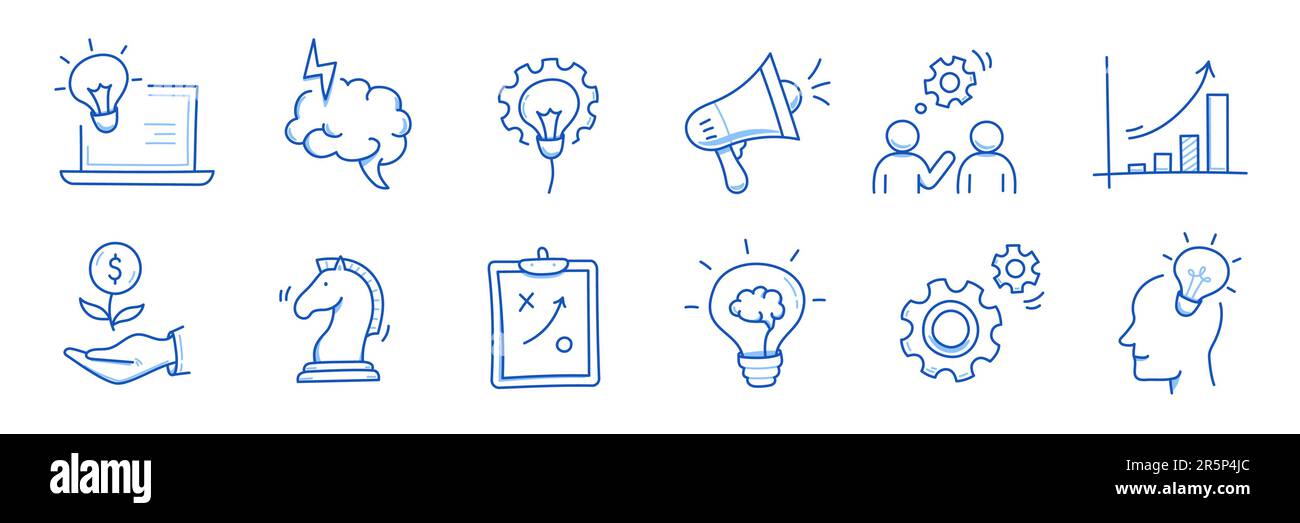 Business idea, startup doodle line icon set. Hand drawn doodle sketch line style business ...