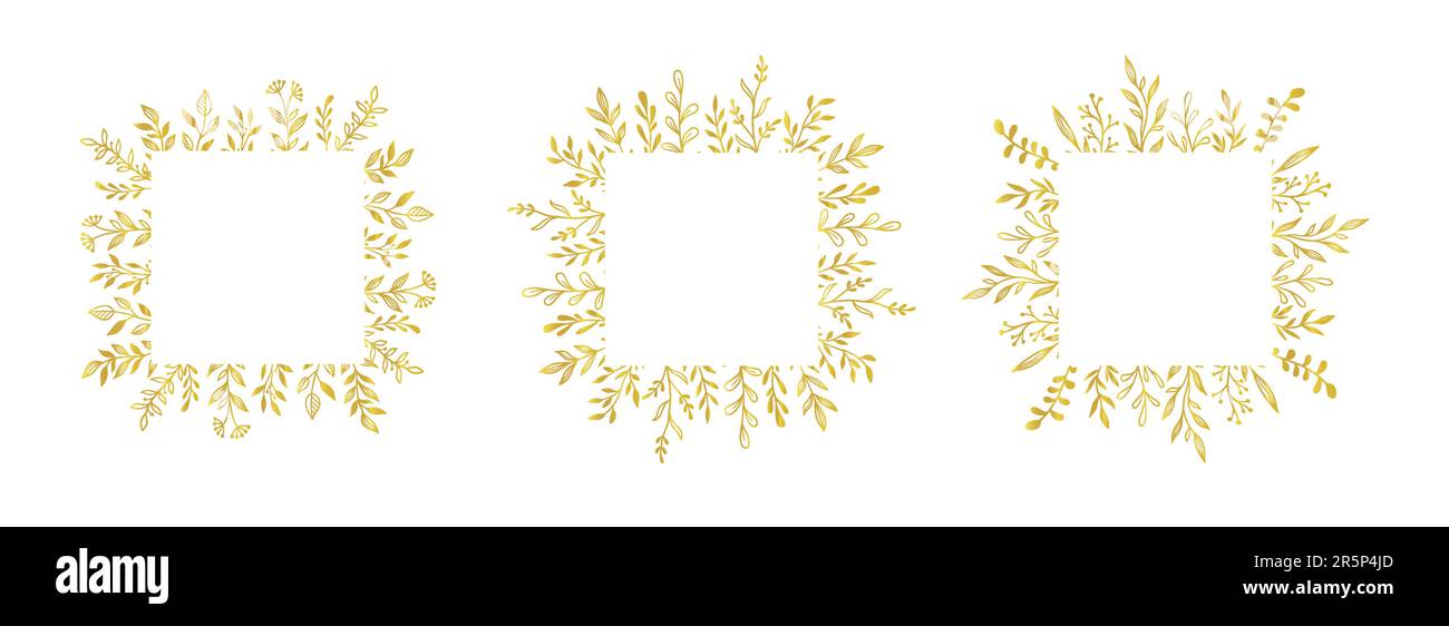 Gold floral square border set. Vector golden floral leaf wreath border ...