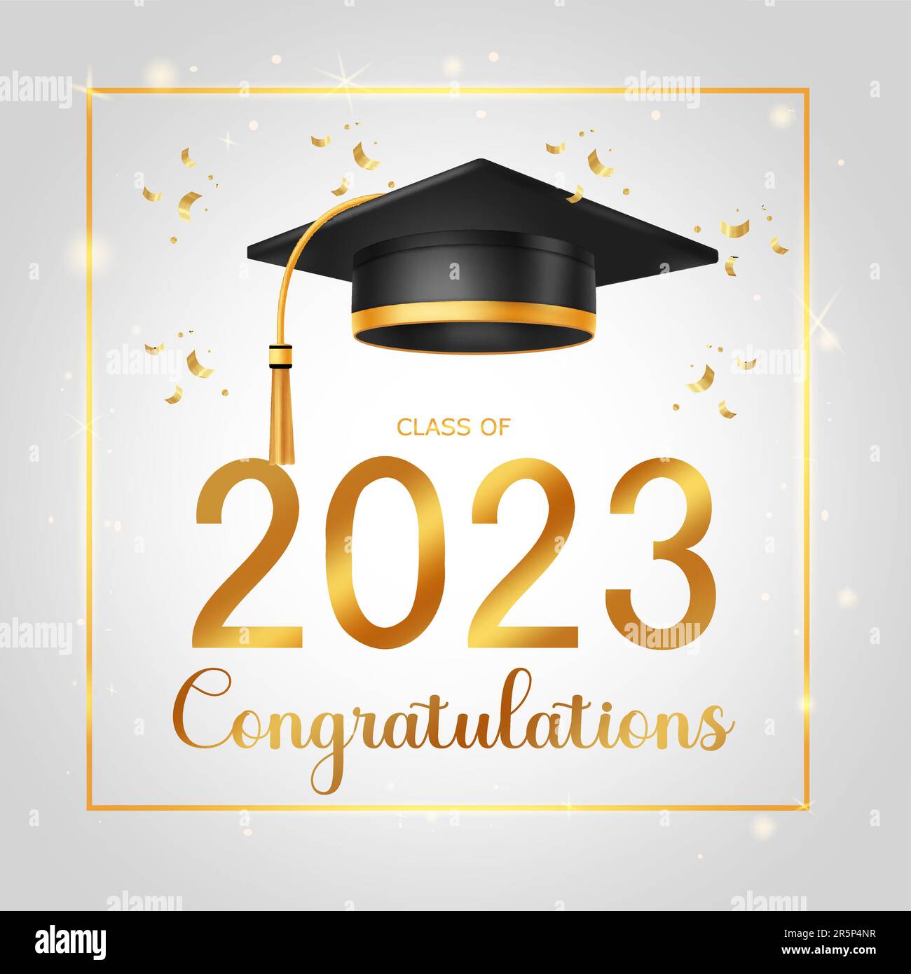 Congratulations greeting text vector design. Graduation cap with border and confetti in gold ...