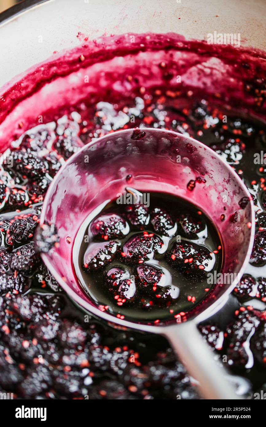 Black mulberry jam preparation in a enameled pot Stock Photo - Alamy