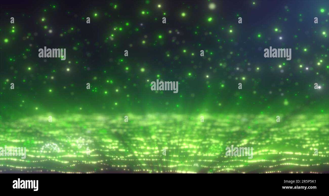 Abstract background of green glowing falling particles and moving magical energy waves Stock ...